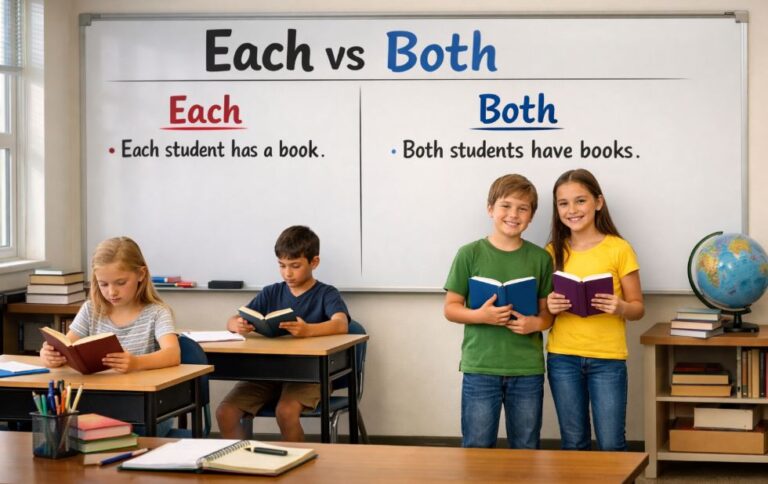 Each vs Both | Meaning, Differences, Examples, Exercises & Quiz
